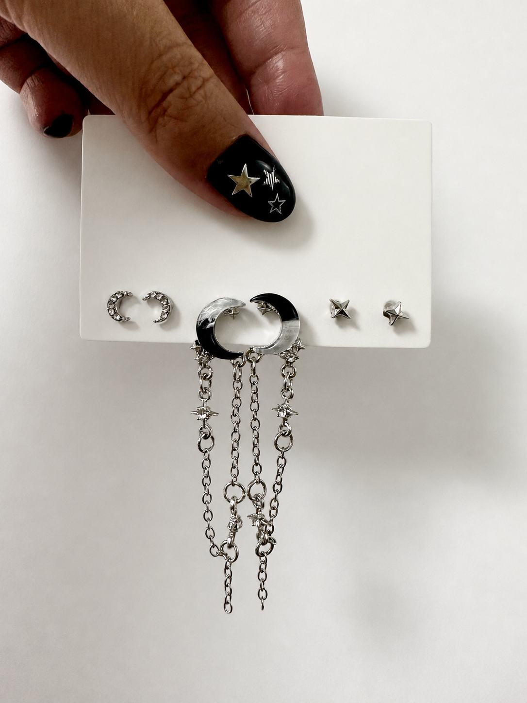 Silver Celestial Moon and Star Chain Earring Set – Rera